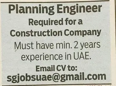 Planning Engineer Dubai UAE | Gulf Career Hunt